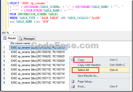 How to change multiple data table names in sql server CodeEase